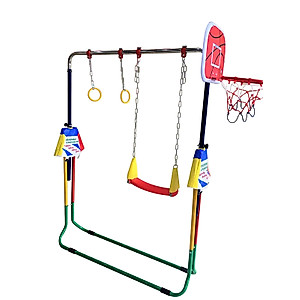 Kids Jungle Gymnastics Expandable Junior 4 in 1 Training Monkey Horizontal Bars Climbing Tower Child playset Training Pull Up Gym with Swing, Trapeze Ring and Basketball Stand with 3 Balls Set.