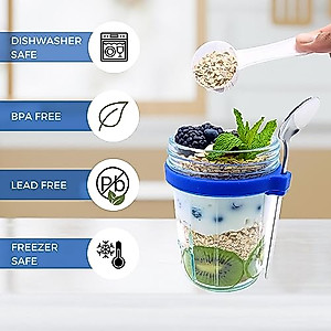 KARD LABS - Overnight Oats Jar Set with Recipe Book, 16 oz Glass Mason Jars for Overnight Oats with Measuring Cup, Lids and Stainless Steel Spoons, 4 Pack