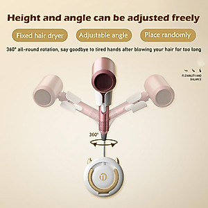 Hair Dryer Holder, Adjustable Hair Dryer Holder Wall Mounted Hands Free 360 Degree Rotation, Multi-Functional Hair Dryer Stand Self Adhesive Blow Dryer Holder Organizer (White Gold)