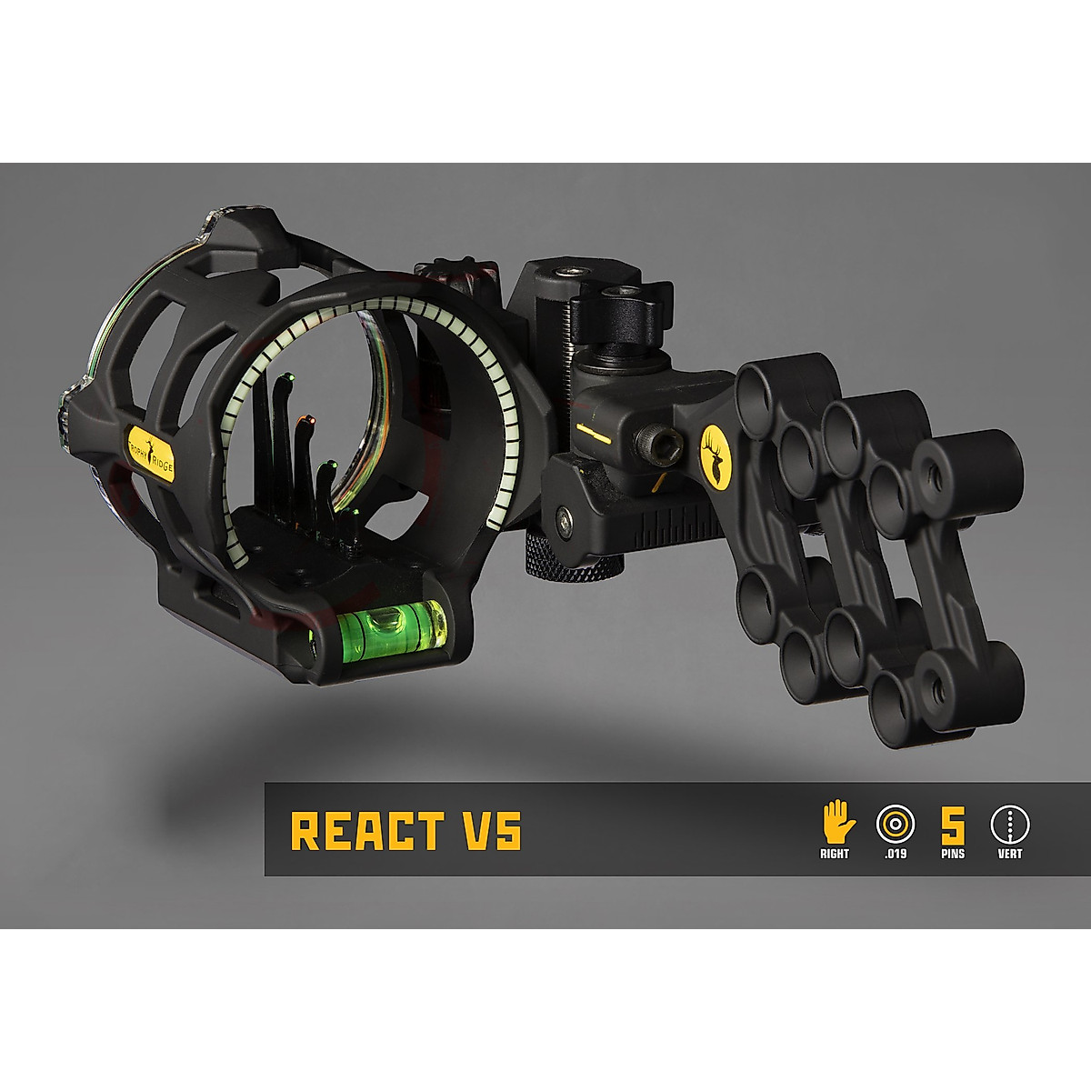 Trophy Ridge React V5 Archery Bow Sight - 5 Vertical Pins, Tool Less Windage and Elevation Adjustability, 2nd Axis Leveling, Adjustable Click Light, Right Hand, 0.019 Pin