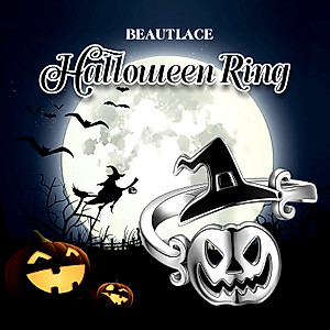 beautlace Halloween Pumpkin Adjustable Rings and Wizard Witche's Hat Ring Silver Plated Halloween Ghost Witch Broom Ring Open Finger Ring Party Jewelry KR0065W