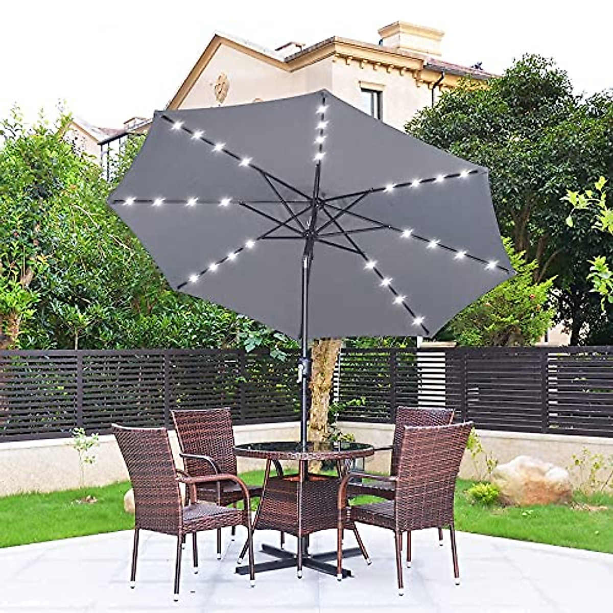 JMEXSUSS 9ft Patio Umbrella with Solar Lights, 32 LED Lighted Umbrella Outdoor Patio Table Umbrella, 8 Ribs Market Umbrella w/Tilt Adjustment and UV-Resistant Fabric, Grey