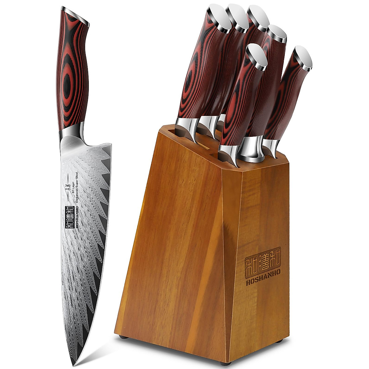 Kitchen Knife Set with Block, 7 Pieces Chef Knife Set 67 Layers Damascus Steel Professional Knife Set for Cooking, Ergonomic G10 Handles with Sharpener