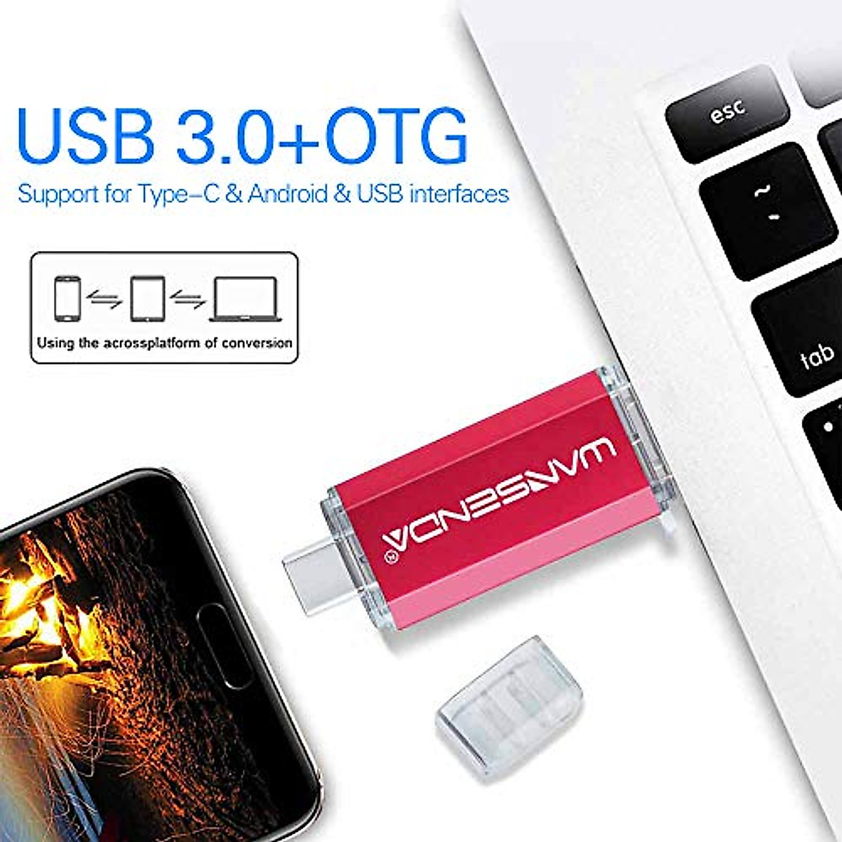 WANSENDA USB 3.1 Photo Stick 128GB 3 in 1 High Speed Flash Drive for Android Phones Type C/USB C Devices/Tablets/Samsung Galaxy,LG,Hua Wei,Google Pixel(128GB, Red)