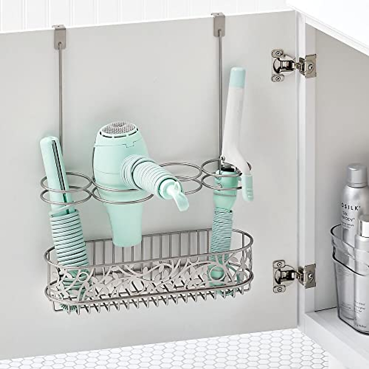 mDesign Bathroom Over the Cabinet Door Hair Care & Styling Tool Organizer Storage Basket for Hair Dryer, Flat Iron, Curling Wand, Hair Straighteners, Brushes - Matte Satin