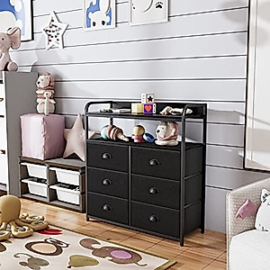 Furologee 6 Drawer Dresser Fabric, Double Shelf Black Closet Organizer Storage Tower Unit for Bedroom, Living Room Entryway, Rustic Bins, Sturdy Metal Frame