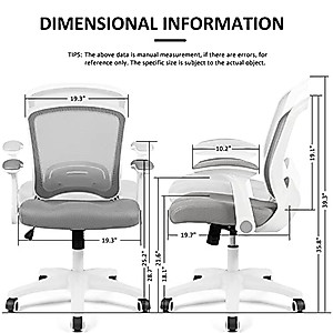 HYLONE Office Chair, White Computer Desk Chair, Mid-Back Task Chair Swivel, Flip-up Arms, Lumbar Support, Adjustable Height, Grey Mesh