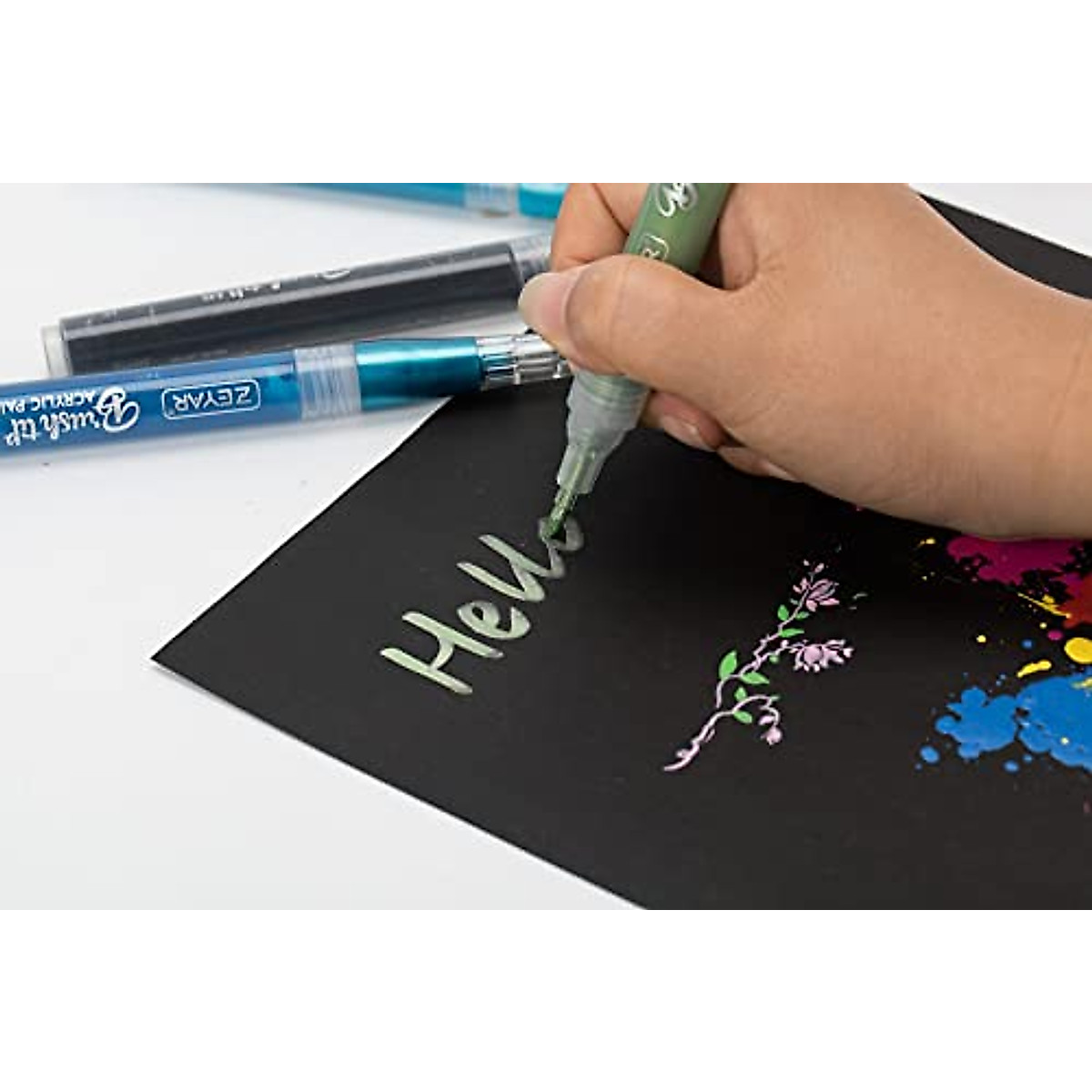 ZEYAR Acrylic Paint Pens, Brush Tip, Water based, Metallic Colors, Writes on Paper, Rock, Rubber, Ceramics, Wood, Glass and more (12 Metallic Colors)