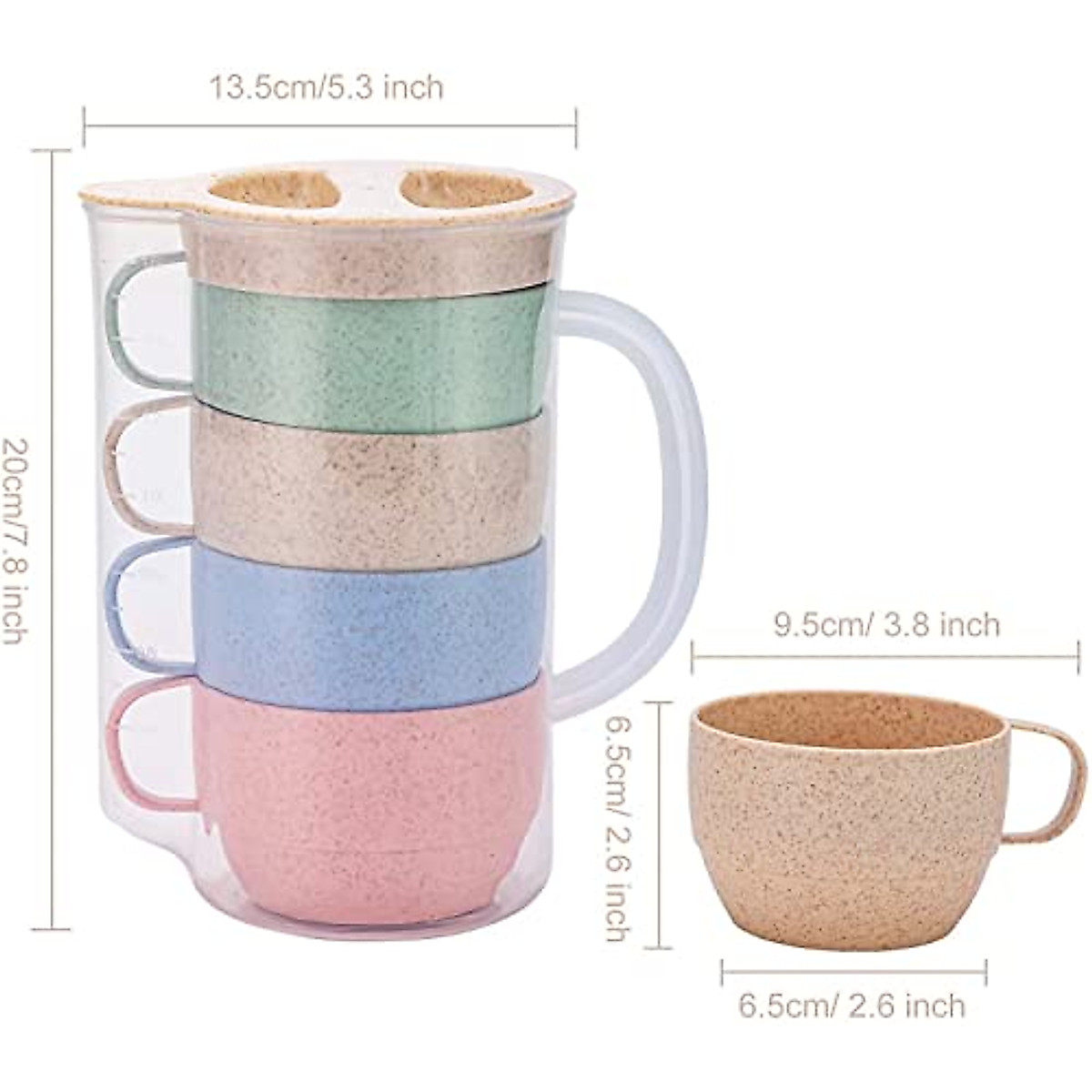 5 Pack Wheat Straw Unbreakable Tableware Kettle Cups Set, with 4 Multicolor Cups for Kids Children Toddler Adult, Dishwasher Coffee Mug for Water, Tea, Milks, Juice