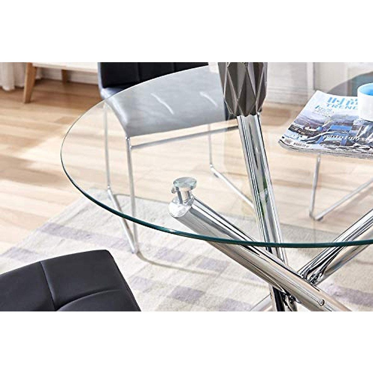 STYLIFING Round Glass Dining Table - Modern Round Dining Table with Tempered Glass Top, Silver Chrome Plated Metal Legs, Kitchen Table Dining Room Table for 4, Coffee Table for Living Room,Small Space