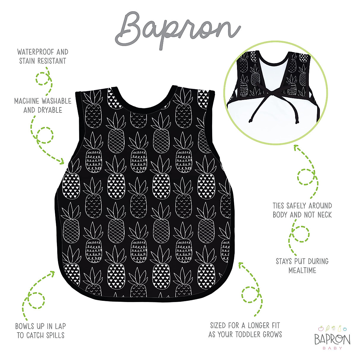 BapronBaby Pineapple Monochrome Bapron - No Neck Tie Safer Bib for Baby & Toddler - Soft Waterproof Stain Resistant - Machine Washable - Sz Preschool 3-5yrs