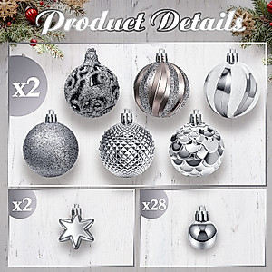 42 Pcs Christmas Tree Balls Ornaments Hanging Christmas Balls Glitter Plastic Xmas Tree Baubles 2.36'' and 1.18'' Christmas Tree Pendant Ball for Holiday Party Decoration (Silver, Stripe)