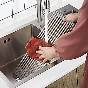 SunCleanse Roll-up Dish Drying Rack with Silicone Grid, Multipurpose Dry Rack Dish Drainer, Stainless Steel Foldable Dish Drying Rack for Sink Counter, Mini Grey 17.8"x11.8"