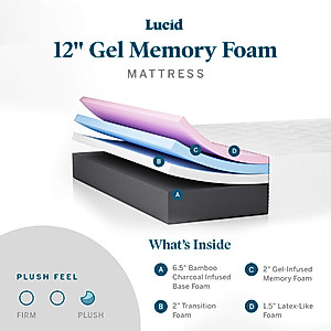 LUCID 12 Inch Memory Foam Mattress - Plush Feel - Memory Foam Infused with Bamboo Charcoal - Gel Infusions - CertiPUR-US Certified - Breathable - California King