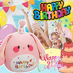 ARELUX Large 18in Cute Bunny Cuddle Plush Soft Bunny Stuffed Animal Birthday Pillow Kids Huggable Rabbit Plushie Toy Big Size Happy Birthday Party Decoration Plushies Gift for Friends Boys Girls Pink