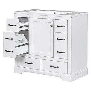 Merax 36" Bathroom Vanities Sink Set, Ceramic Undermount Top, Freestanding Cabinet with Door and Multi-Functional Drawers, Storage Divider, White