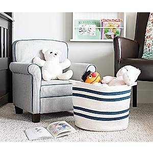 Chloe and Cotton Woven Cube Storage Baskets with Handles | Set of 2 | Cute Decorative Bins for Shelves, Bookcases, Cubbies, & Organizing Containers | Navy White