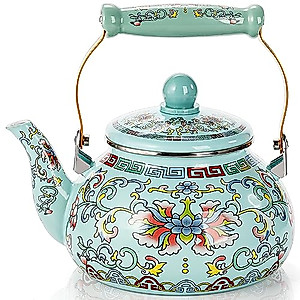 Pumtus 2.6 Quart Vintage Enamel Tea Kettle, Large Enameled Floral Teapot, Flower Enamel on Steel Tea Pot Coffee Pot with Ceramic Cool Handle for Stovetop, Hot Water, Gift, Retro Decor, No Whistling