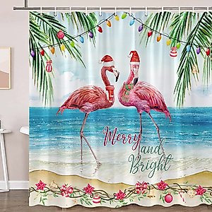 XHCEOH Christmas Pink Flamingo Shower Curtain Tropical Beach Funny Xmas Hat New Year Holiday Home Farmhouse Bathroom Decor Curtains Fabric Set with Hooks, 70Wx70H inch