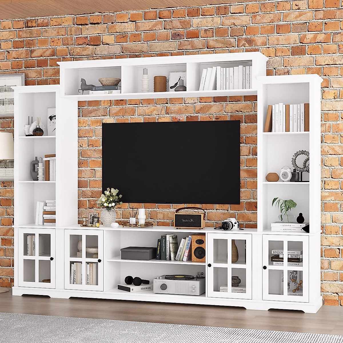 DiDuGo Large Entertainment Center with Bookshelves & Glass Doors, 66.9x43.3 inch Hutch Space for TV, Living Room Entertainment Center with Storage, White (102”W x 14.6”D x 78.2”H)