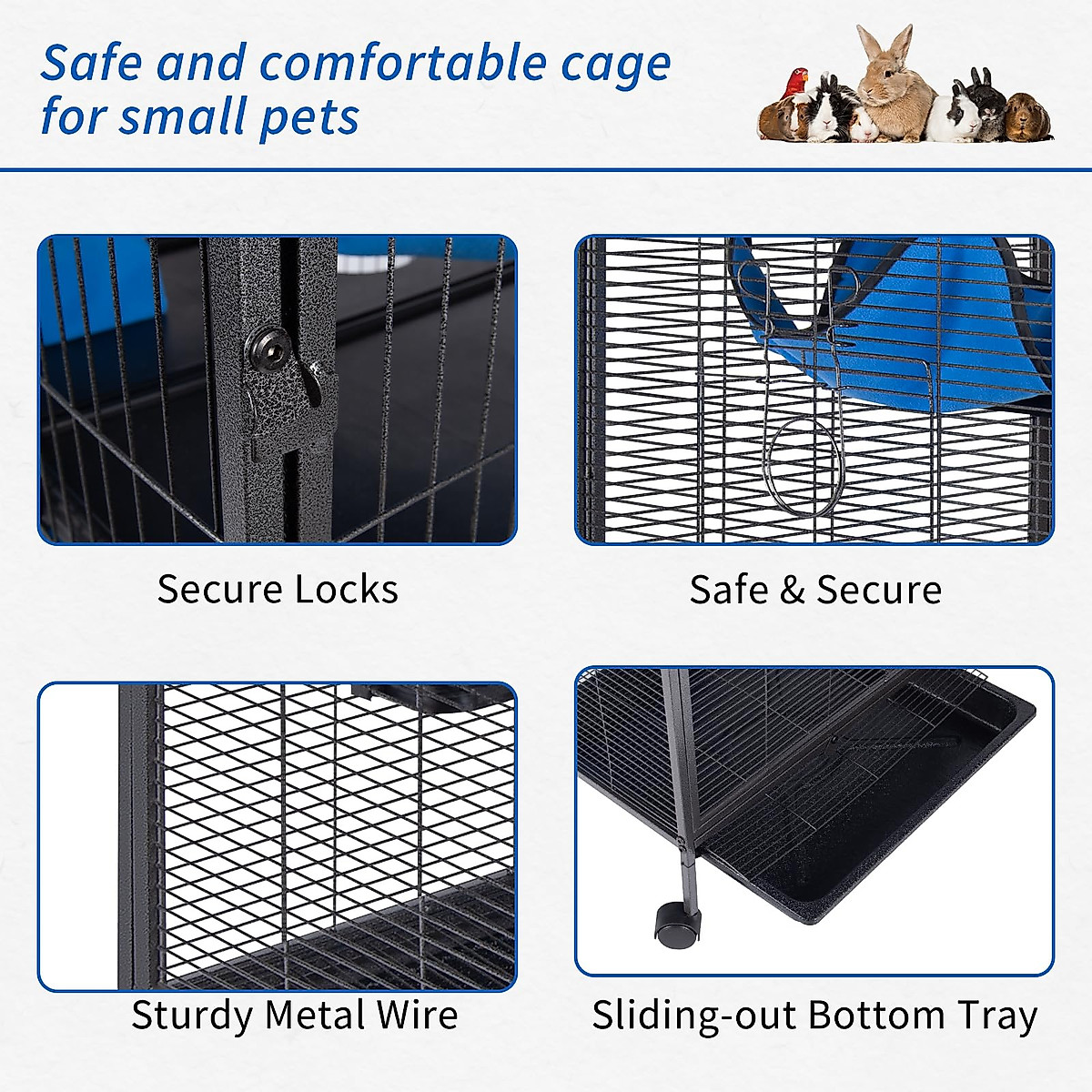 4 Tier Steel Deluxe Small Animal Pet Cage Kit for Guinea Pig Ferret Little Rabbit with Wheels Brakes Hammock 4 Platforms Removable Tray and Ladder with Flannel