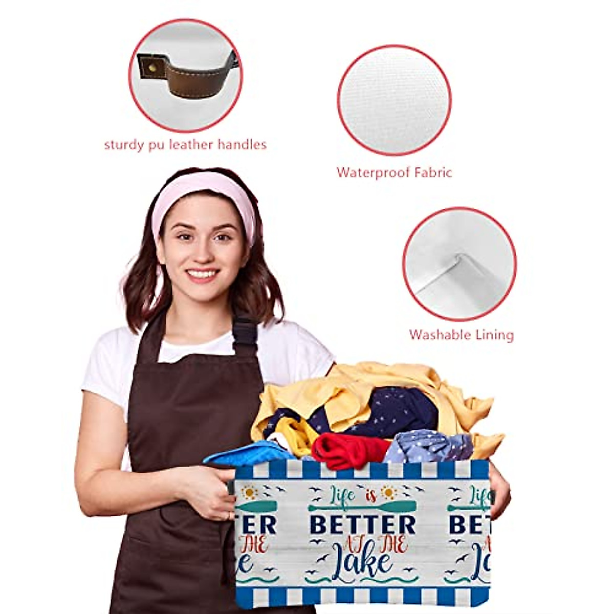 Storage Basket Summer Lake Quote and Seagull Storage Bin with Handles,Blue Stripe on Wooden Plank Collapsible Organizer Storage Cubes Bins for Closet,Laundry Clothes,Bathroom,Nursery Toys