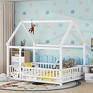 Harper & Bright Designs Full Size Floor Bed for Kids, Wood House Bed with Guardrails, Montessori Design, House-Shaped Roof, for Kids, Boys, Girls, No Spring Box Needed, White