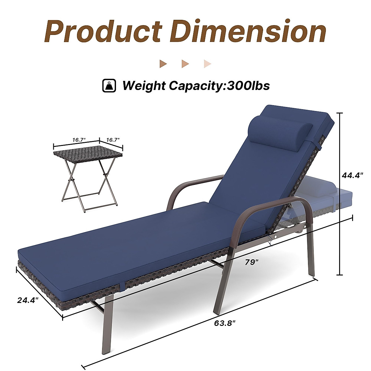 Gotland Patio Chaise Lounge Sets Outdoor Armchair Recliner Rattan Adjustable Back 3 Pieces Cushioned Patio Folding Chaise Lounge with Folding Table