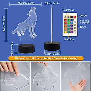 FULLOSUN Wolf Gift 3D Light, Optical Illusion Bedside Night Lamp, 16 Color Changing with Remote Control Creative Room Decor Best Birthday for Kids Boys Men