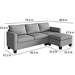 GUNJI Sectional Sofa Couch for Living Room Modern Convertible L-Shaped Couch with Reversible Chaise Fabric 3-Seat Sectional Couch for Small Spaces (Light Gray)