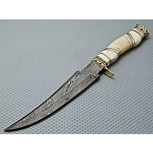 Skokie Knives Custom Hand Made Damascus Steel Hunting Fixed Blade Knife Handle Camel Bone