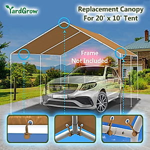 YardGrow 10'x20' Carport Replacement Canopy Cover for Tent Car Shelter Top Tarp Cover w/Bungees, Carport Canopy Top Replacement Cover ONLY (Tan)