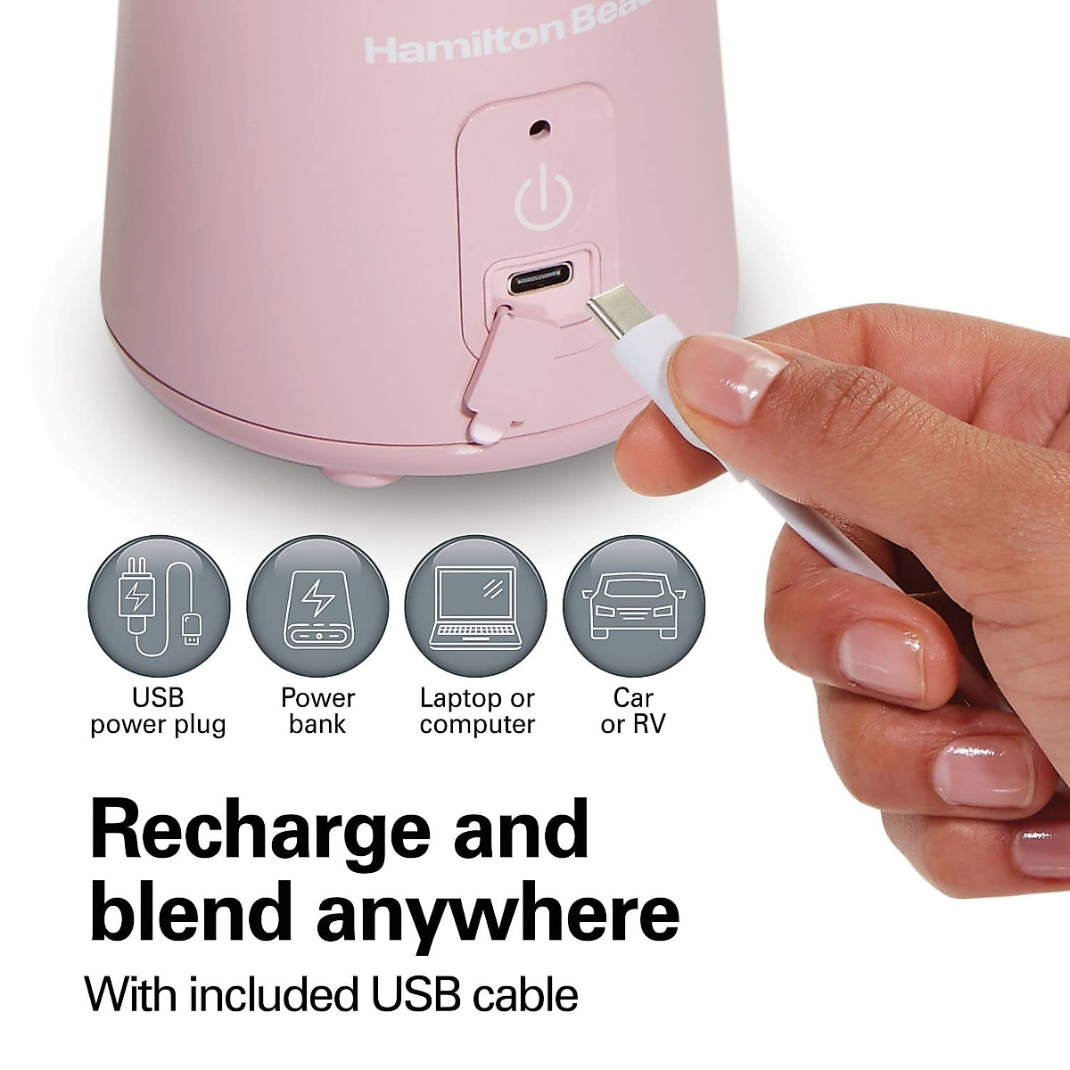 Hamilton Beach Mini Cordless Portable Personal Blender for Shakes and Smoothies, USB Rechargeable, 16 oz. Jar with Leakproof Travel Lid, 6 Stainless Steel Blades, Pink (51181)