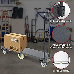 Heavy Duty Narrow Aisle U-Boat Platform Truck Dolly, 60.2 x 15.7 x 60.6 Inch U- Boat Cart with Thick Steel Deck 2000 Lb. Capacity with 6 Casters（4 Swivel Wheels with Brake）