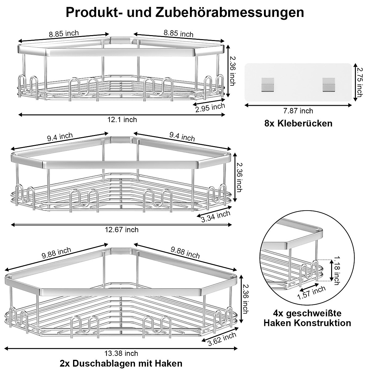 STEUGO Corner Shower Caddy, Shower Organizer Corner Shower Shelf with 12 Hooks,3-Pack Adhesive Stainless Steel Shower Shelves for Bathroom Storage，No Drilling Wall Mounted Shower Rack (Silver)