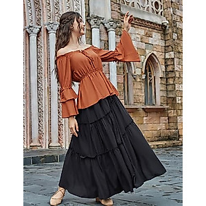 Womens Peplum Tops Boho Renaissance Shirt Bell Sleeve Peasant Blouse Dressy Casual Summer Top Orange 2XL
