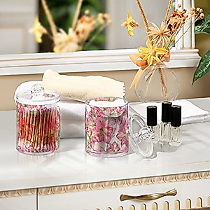 xigua 2 Pack Amaryllis Flowers Pink Apothecary Jars with Lid, Qtip Holder Storage Containers for Cotton Ball, Swabs, Pads, Clear Plastic Canisters for Bathroom Vanity Organization (10 Oz)
