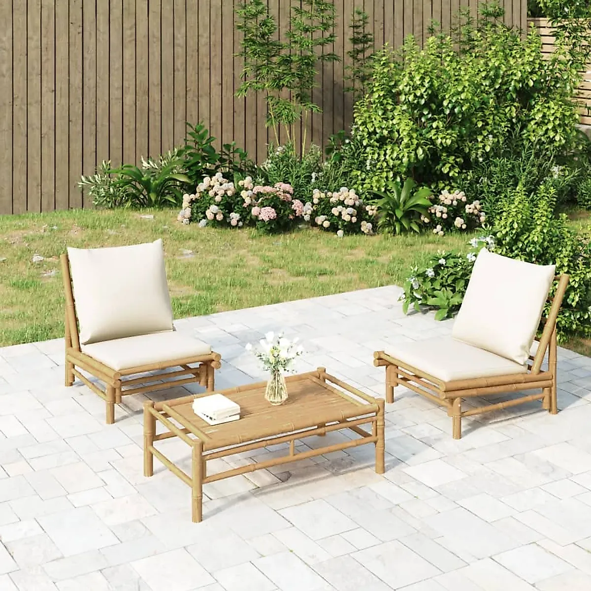 vidaXL Bamboo Patio Lounge Set - 3 Piece Outdoor Furniture with Cream White Cushions - Includes Comfortable Garden Sofa Chairs and Practical Coffee Table for Relaxation