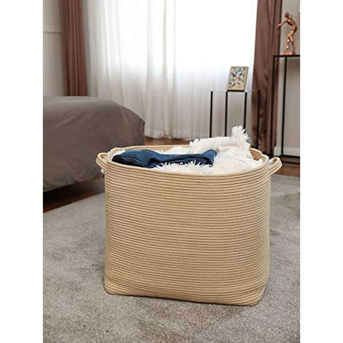 22"x14"x18" Mega Size Rectangular Extra Large Storage Basket, Cotton Rope Storage Baskets, All Beige