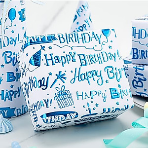 Homeral Jumbo Wrapping Paper Roll-37.66sqft(27.6 x 197inch) Blue Foil Birthday Design