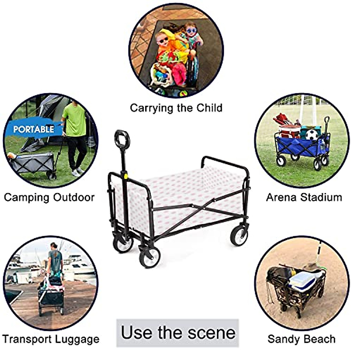 Collapsible Wagon Cart Tile Pink Polka dots on White Foldable Utility Wagon Large Capacity Garden Cart with Push Bar for Beach Camp Outdoor Shopping