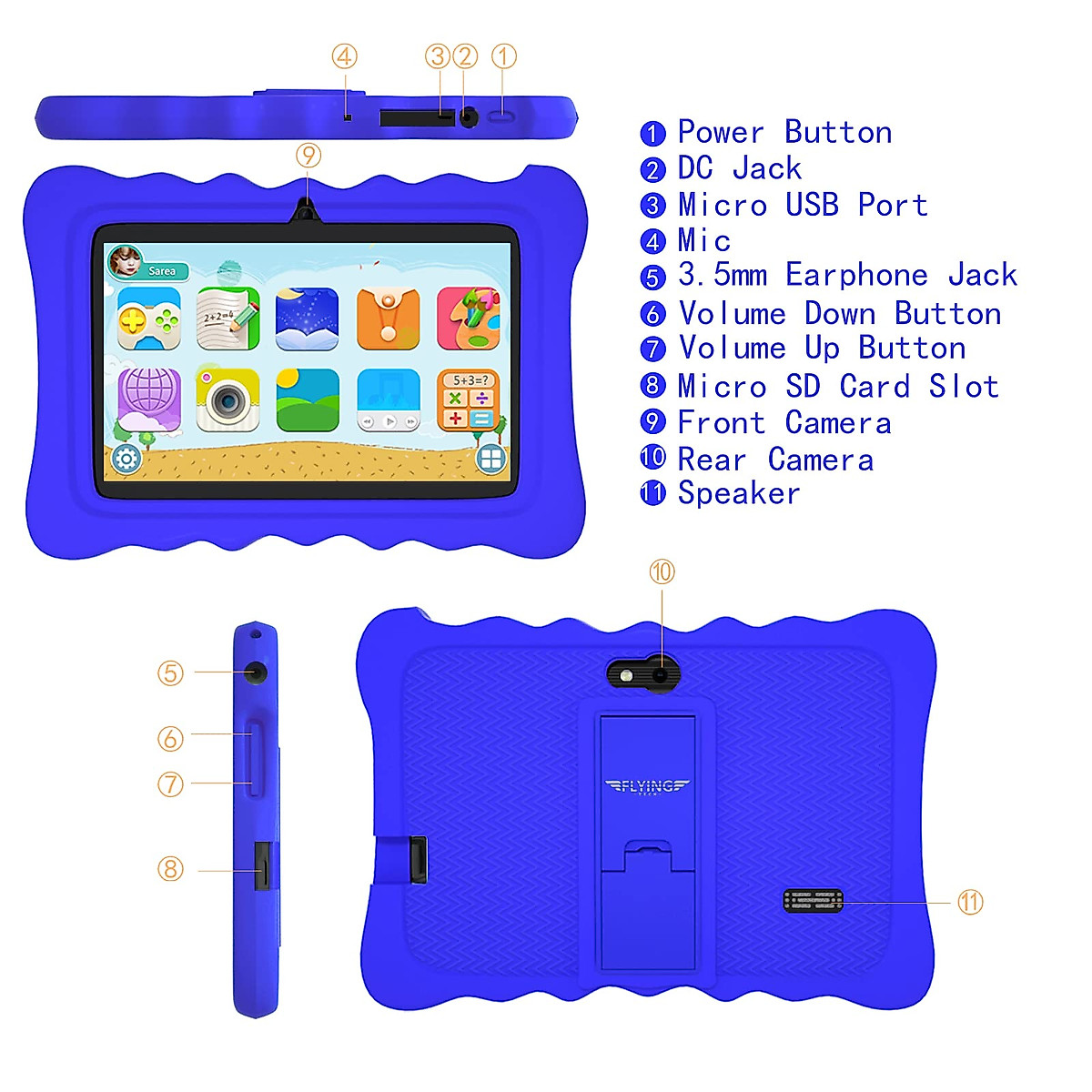 FLYINGTECH Kids Tablet 7 inch Android Tablet for Kids WiFi Dual Camera, Toddler Tablet With 2GB RAM + 32GB ROM Memory, 1024*600 Screen Parental Control Google Playstore with Blue Protective Case 2023