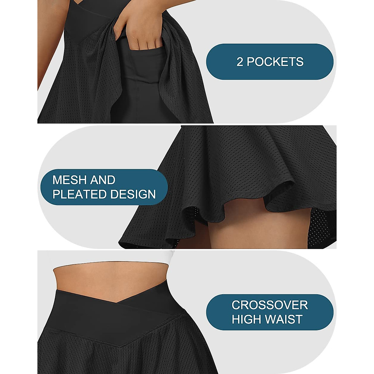 SUUKSESS Womens Pleated Tennis Skirt Crossover High Waisted Mesh Mini Skirt Athletic Golf Skorts (Black,S)