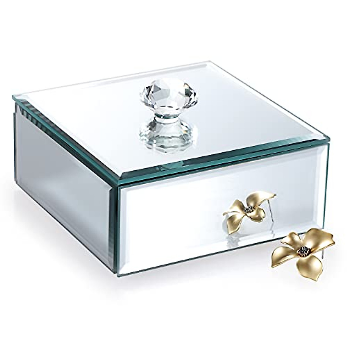 Hipiwe Silver Glass Mirrored Jewelry Box with Crystal Handle Square Trinket Organizer Treasure Chest Case Classic Keepsake Box for Storage Rings Earrings Necklace Bracele (Small, Silver)
