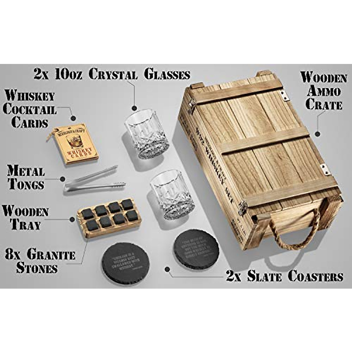 Whiskey Stones Gift Set for Men | Whiskey Glass and Stones Set with Wooden Army Crate, 8 Granite Whiskey Rocks Chilling Stones and 10oz Whiskey Glasses | Whiskey Gift for Men, Dad, Husband, Boyfriend