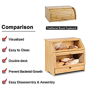 HOMEKOKO Large Bamboo Two-layer Bread Box With Drawer, Double Layers Large Bread Box for Kitchen Counter, Wooden Large Capacity Bamboo Bread Food Storage Bin (NATURAL)