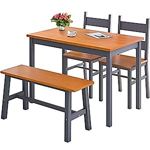 Alohappy Dining Table Set for 4, Solid Wood Kitchen Table with 2 Chairs and Bench, 4-Person Space-Saving Dinette Table for Kitchen, Dining Room, Sturdy Structure Easy Assembly