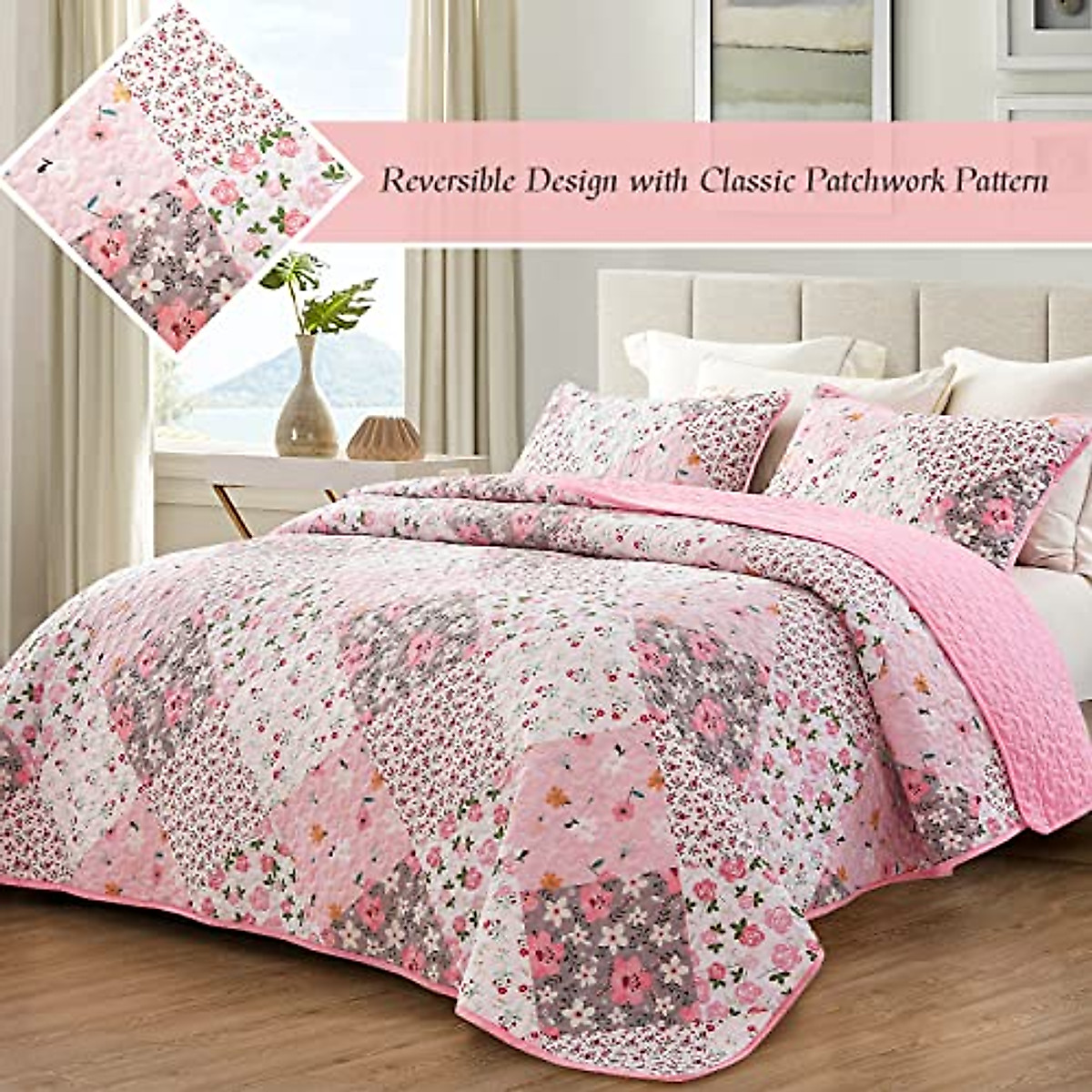 Whale Flotilla 3-Piece Printed Queen Size Quilt Bedding Set with 2 Pillow Shams Lightweight Reversible Bedspreads Coverlet Set for All Season, Pink