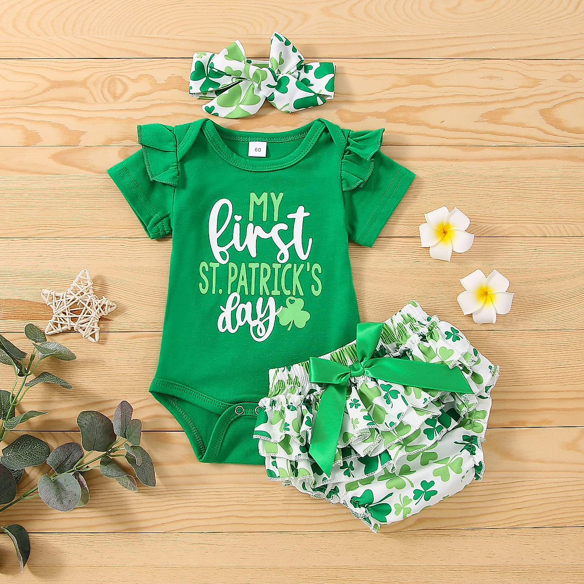 oneflow Baby Girl St Patricks Day Outfit Short Sleeve Shirt Romper Onesie Clover Shorts My First St. Patricks Summer Clothes (A-Green Outfit, 0-3 Months)
