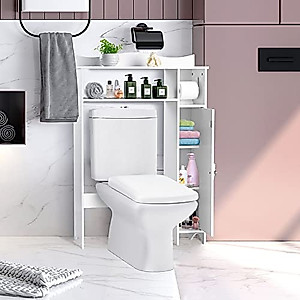 Tangkula Over The Toilet Storage Cabinet, Bathroom Space Saver w/Adjustable Shelves & Paper Holder, Freestanding Home Organizer Toilet Rack Stand w/Side Door & Anti-Topping Design, White